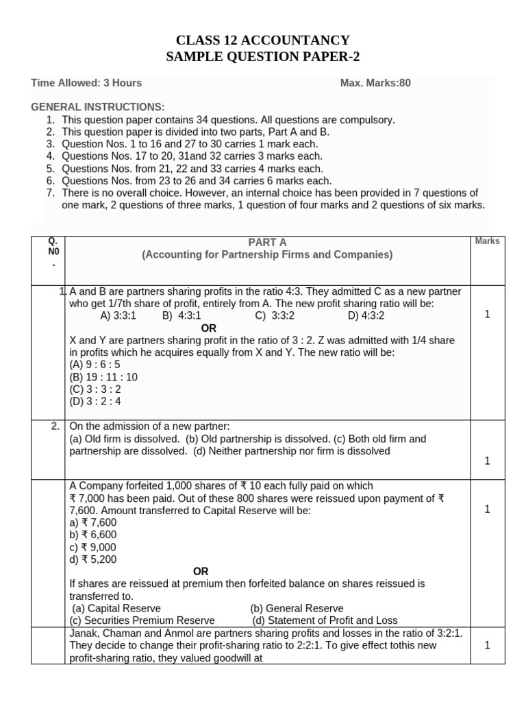 Class 12 Accountancy Sample Paper 2 | PDF | Balance Sheet | Goodwill ...