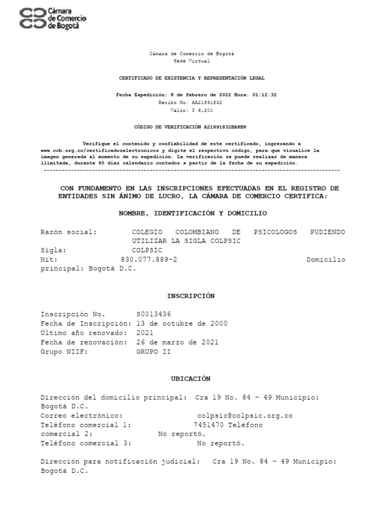 Certificado CCB Colpsic - 20220208 | PDF | Sicología | Psicólogo