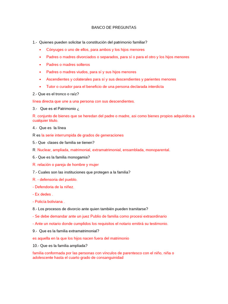 BANCO DE PREGUNTAS cuestionarios-Derecho de Familia-actual-1 | PDF | Familia | Demanda judicial