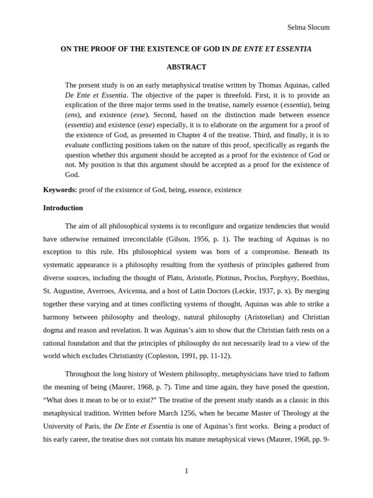 On The Proof of The Existence of God in | PDF | Essence | Thomas Aquinas