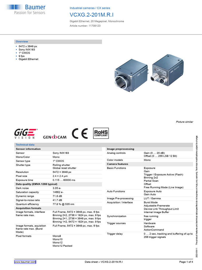 Baumer VCXG Series Camera Overview | PDF | Pixel | Frame Rate