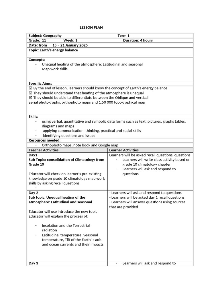 Week 1 of Term1 The Earth's Energy Balancelesson Plan 1 | PDF | Oceans ...