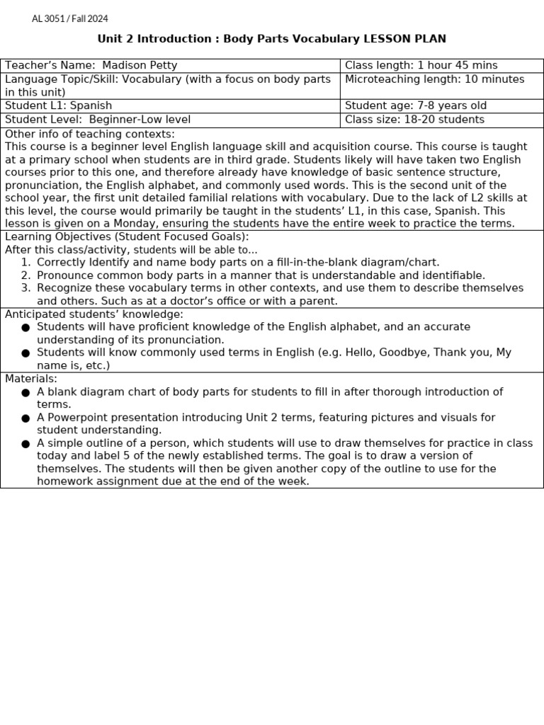 FINAL Lesson Plan 2 - Madison Petty (2) | PDF | English Language | Vocabulary