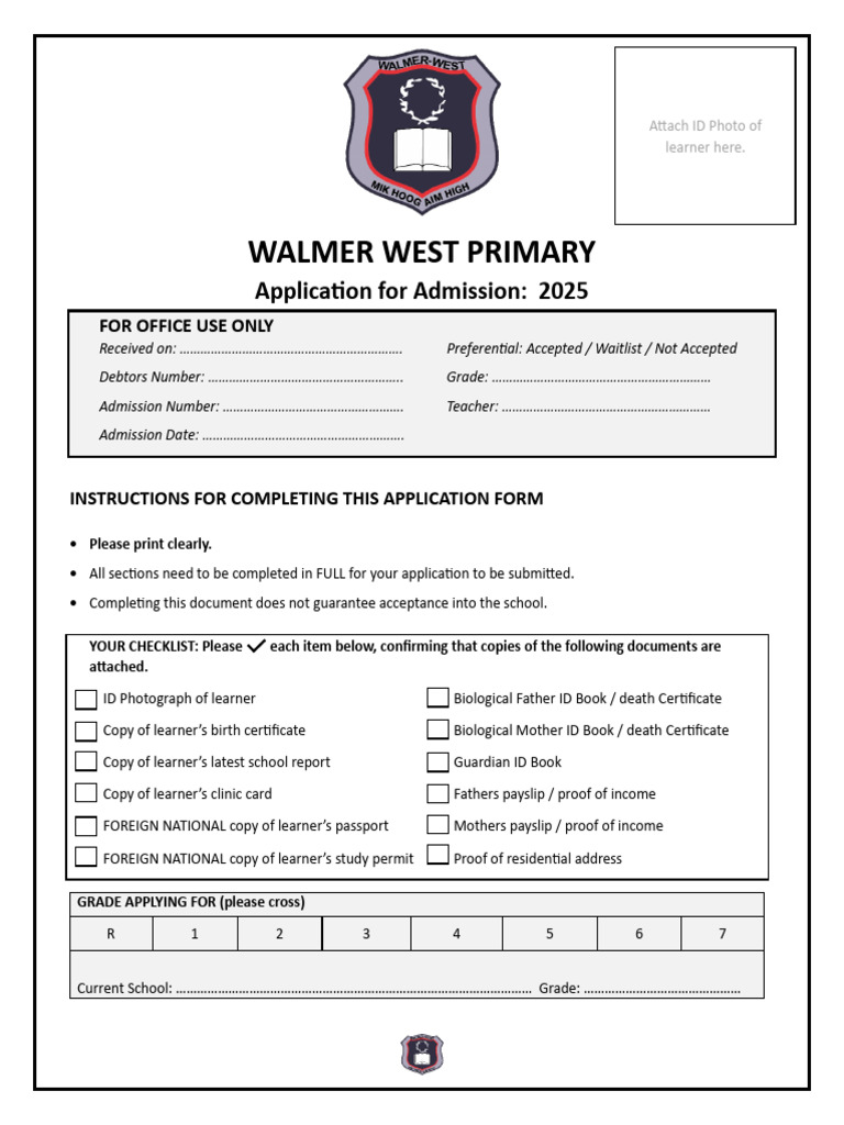 Walmer West Primary Application Form 2025 | PDF | Private Law