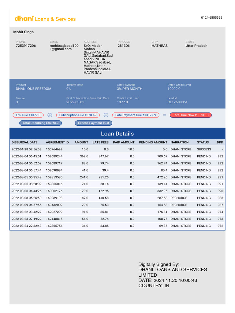 Dhani Loan Statement 1732077044376 | PDF | Demand For Money | Loans