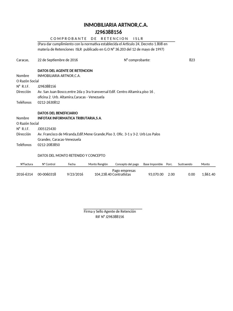 Comprobante Retención ISLR 2016 | PDF