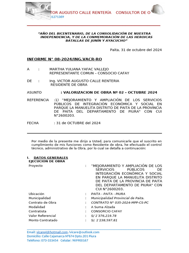 Informe 08 Residente - Valo 02 Octubre 2024 | PDF | Ingeniería | Materiales de construcción