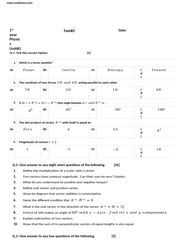 T2 Chapter Wise Test Physics Chapter 2 1st Year | PDF | Euclidean ...