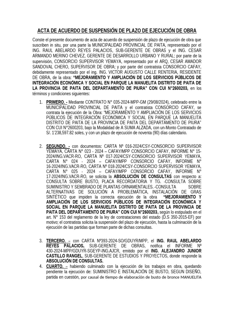 Acta de Acuerdo de Suspension de Plazo de Ejecucion de Obra | PDF