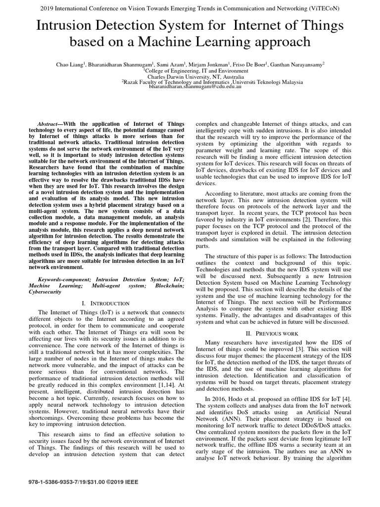 Intrusion Detection System For Internet Of Things Based On A Machine Learning Approach Pdf 