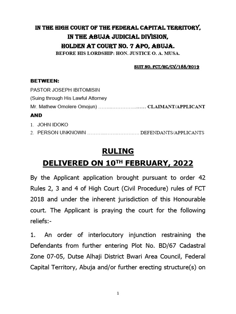 Pastor Joseph Ibitomisin VS John Idoko 1or Interlocutory Injunction | PDF | Lawsuit | Injunction