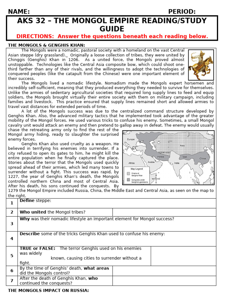 Copy of AKS 32 - Mongol Reading-Study Guide - CP | PDF | Mongol Empire | Mongols