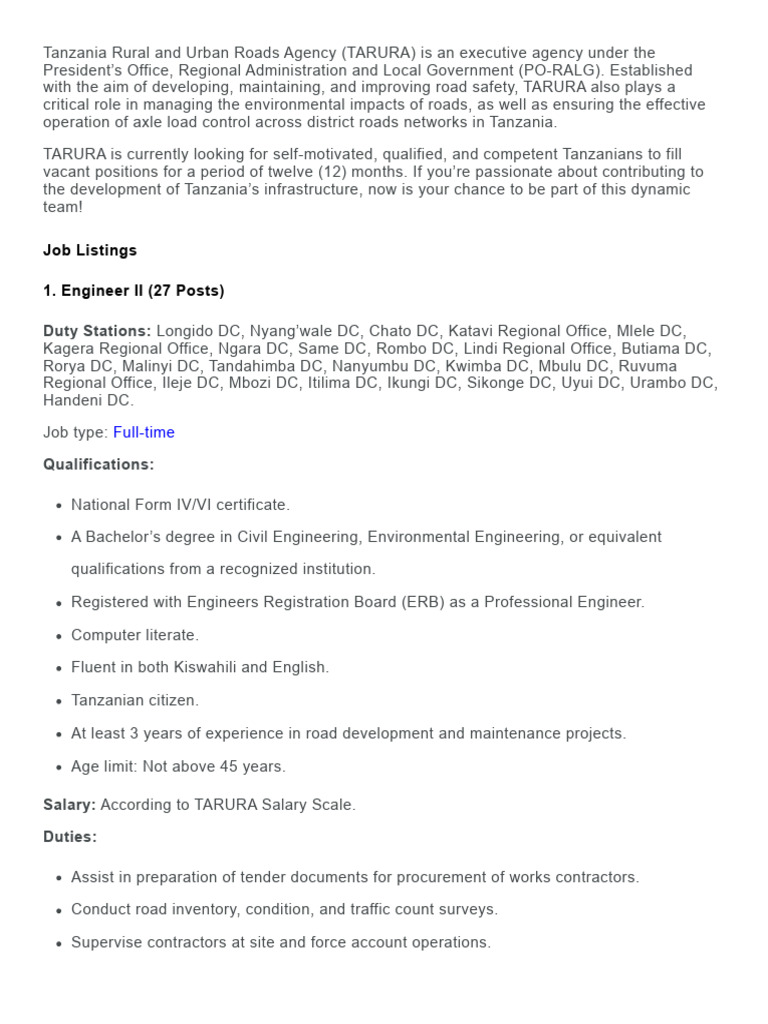 TARURA Job - 37 Vacancies Released - January 2025 | PDF | Civil ...