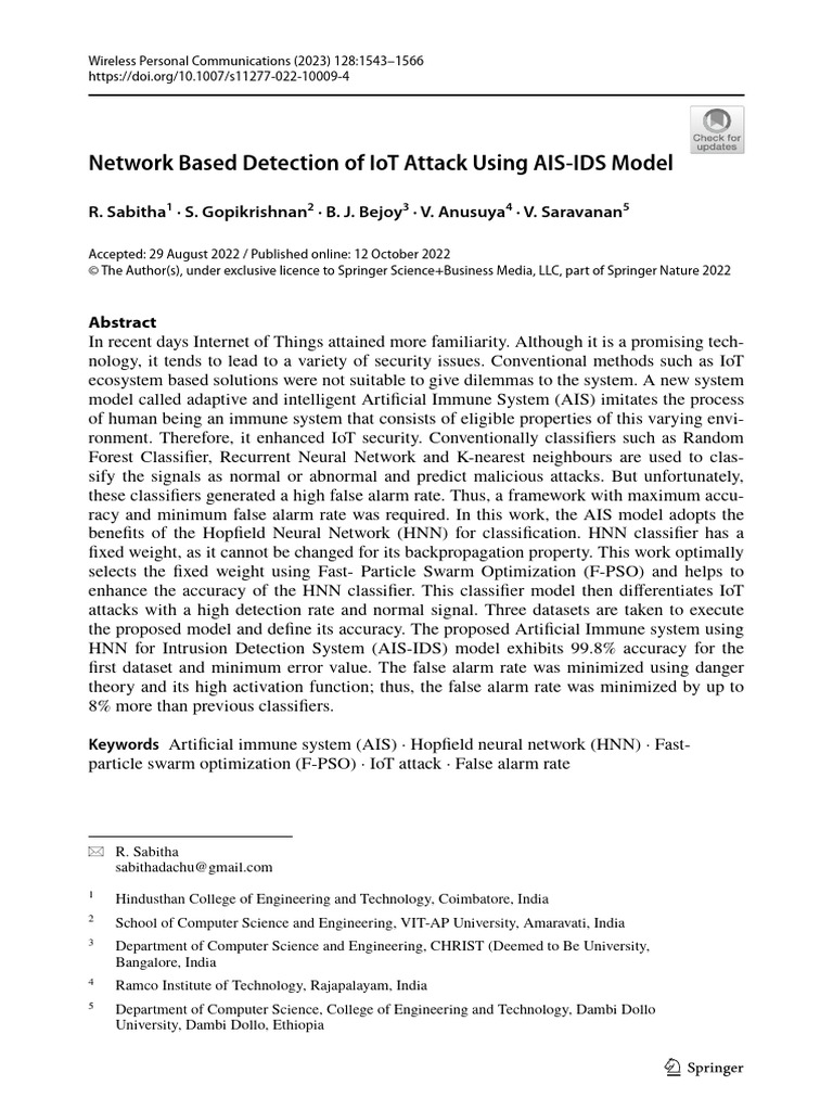 Network Based Detection of IoT Attack Using AIS-IDS Model | PDF ...