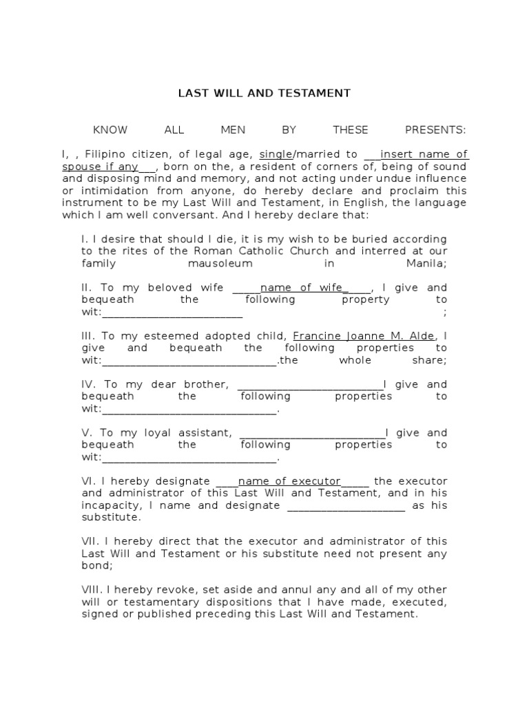 Last Will and Testament Sample