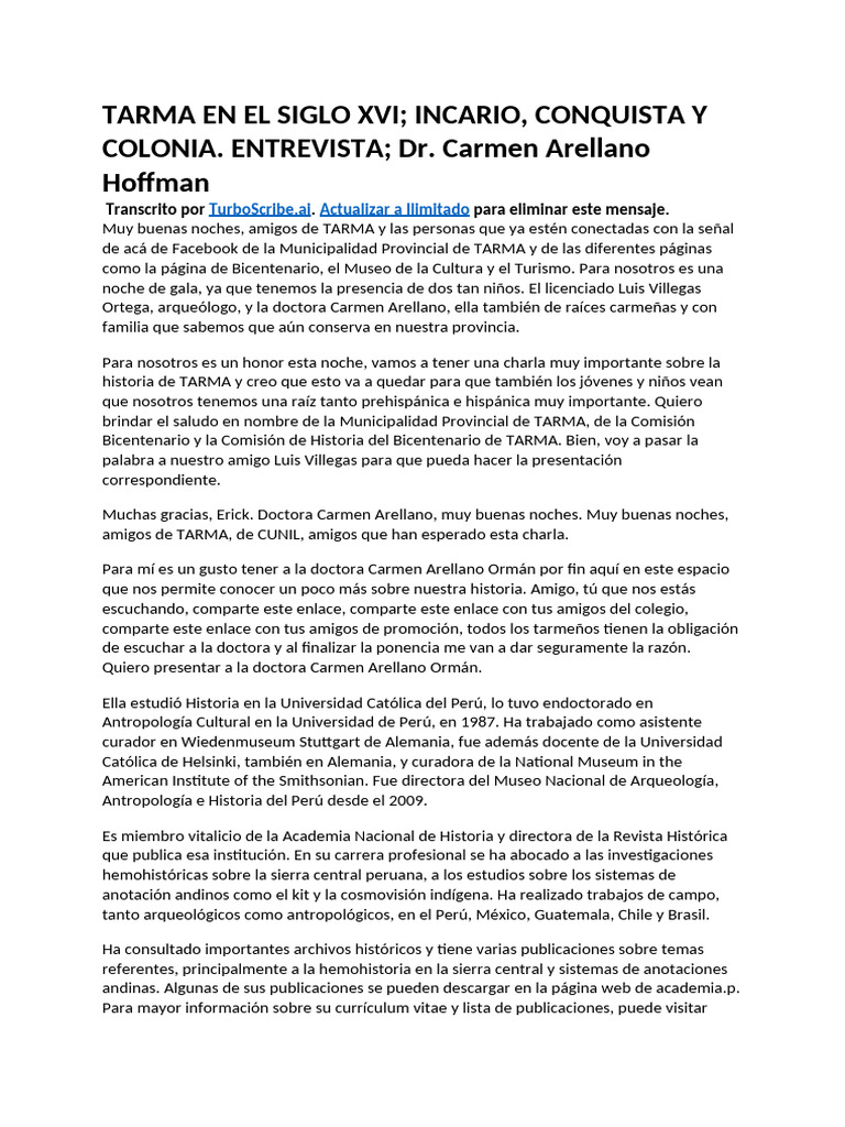 Tarma en El Siglo Xvi Incario, Conquista y Colonia. Entrevista Dr ...