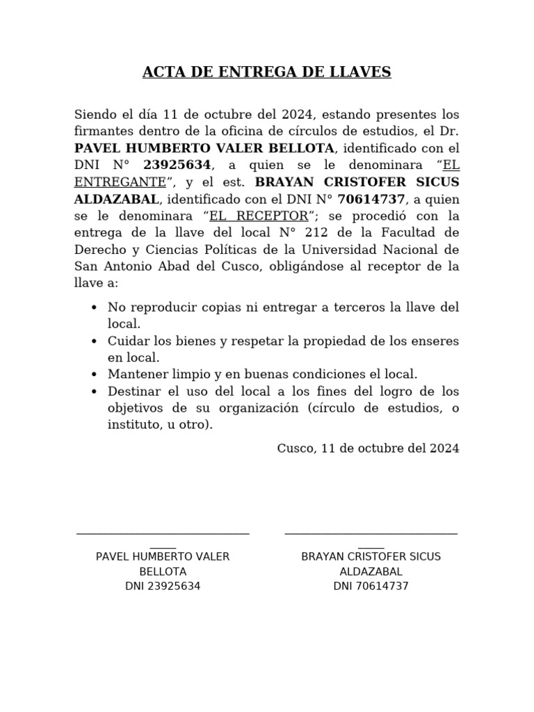 acta de entrega de llave | PDF