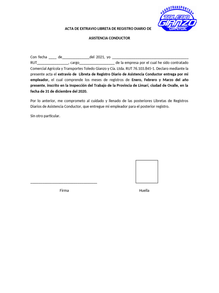 ACTA DE EXTRAVIO Y FALTA LLENADO LIBRETA DE REGISTRO CONDUCTOR | PDF