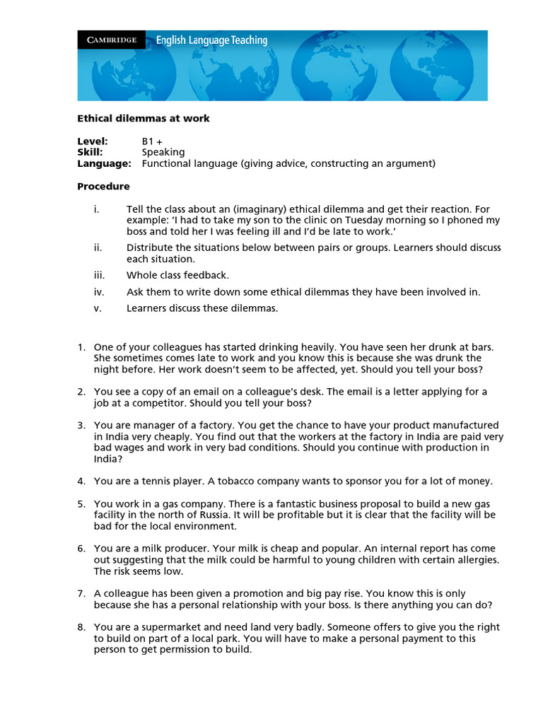 Business Benchmark Ethical Dilemmas Lesson Plan | PDF