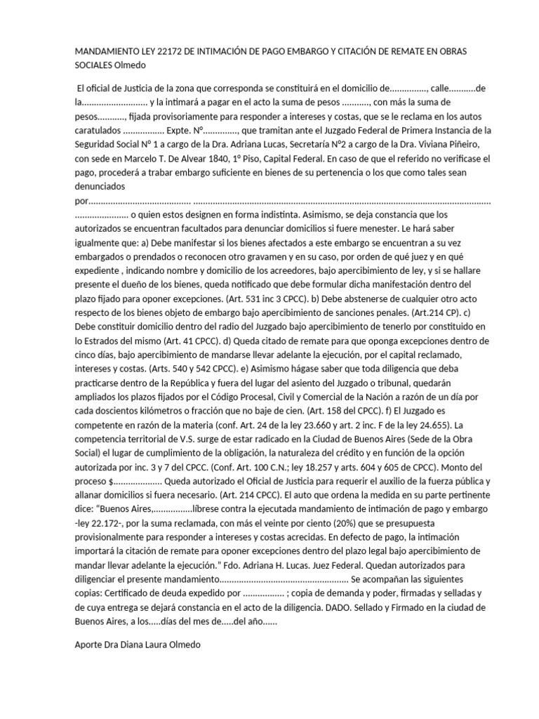 MANDAMIENTO LEY 22172 DE INTIMACIÓN DE PAGO EMBARGO Y CITACIÓN DE ...