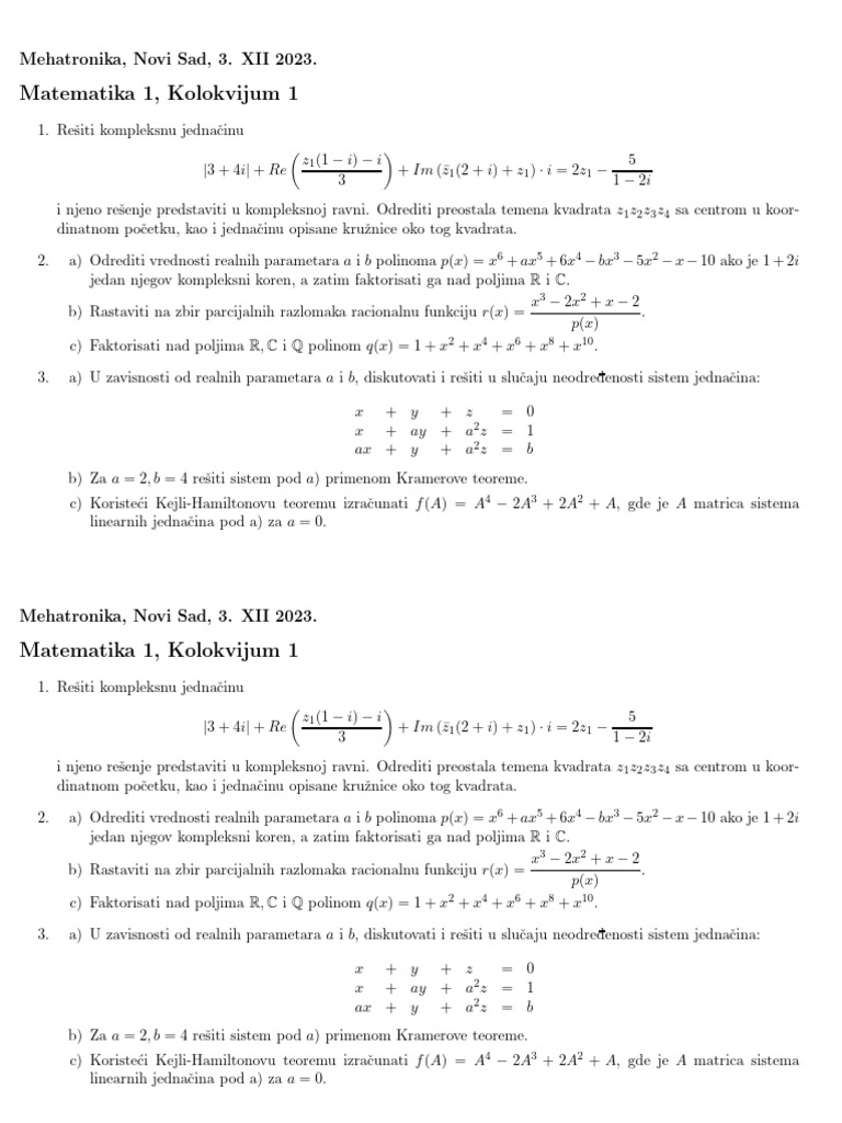 Matematika 1, Kolokvijum 1: Mehatronika, Novi Sad, 3. XII 2023 | PDF