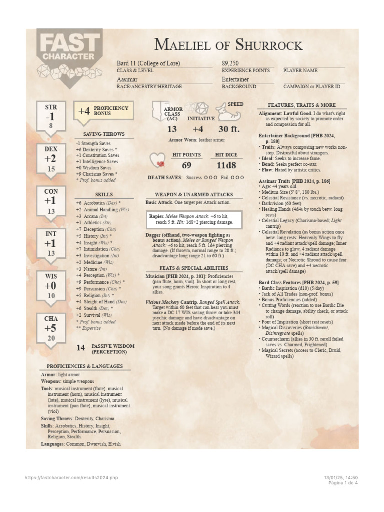 Fast Character - Aasimar Bard 11 (College of Lore) - PHB 2024 | PDF | Dungeons & Dragons ...