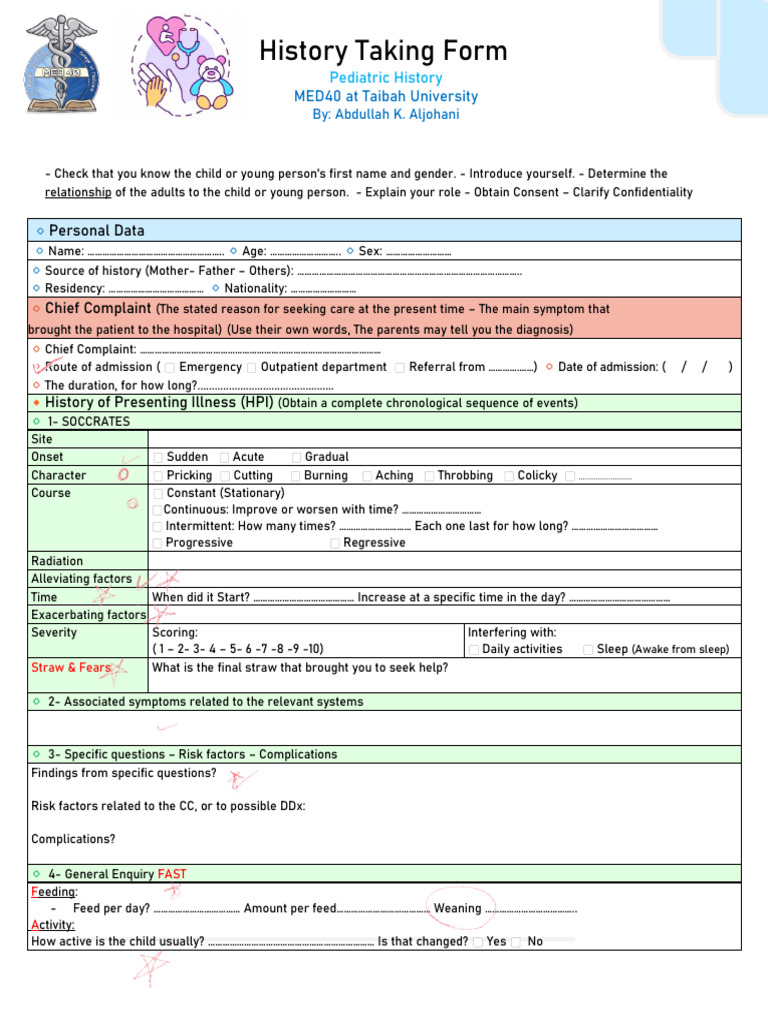 History Taking Form Pedia 2 | PDF | Childbirth | Clinical Medicine