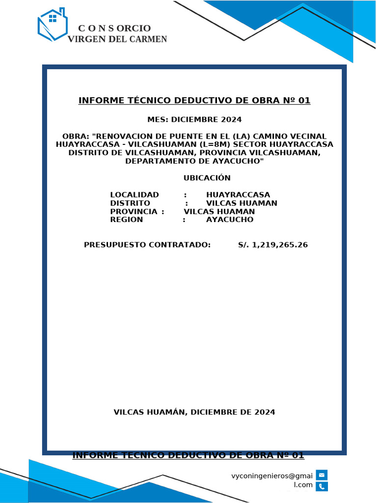 Informe Tecnico de Deductivo de Obra #01 | PDF | Presupuesto