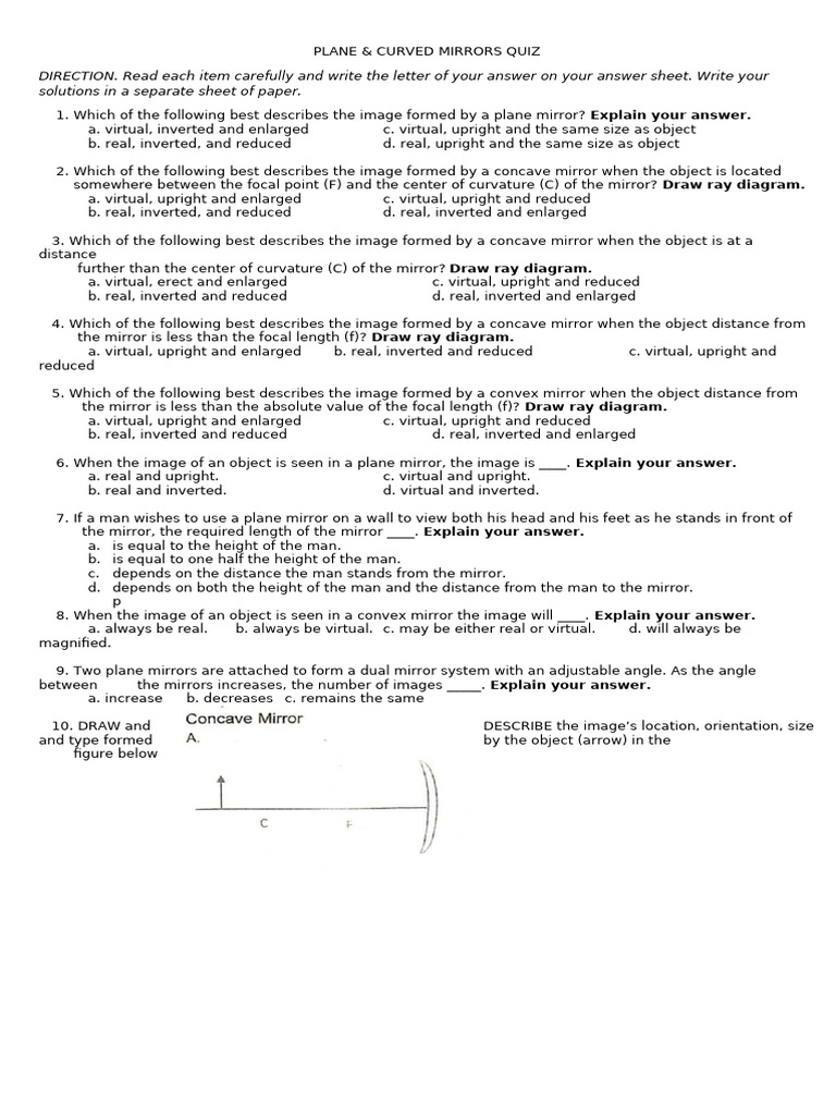 Plane Curved Mirrors QUIZ | PDF | Mirror | Electromagnetic Radiation