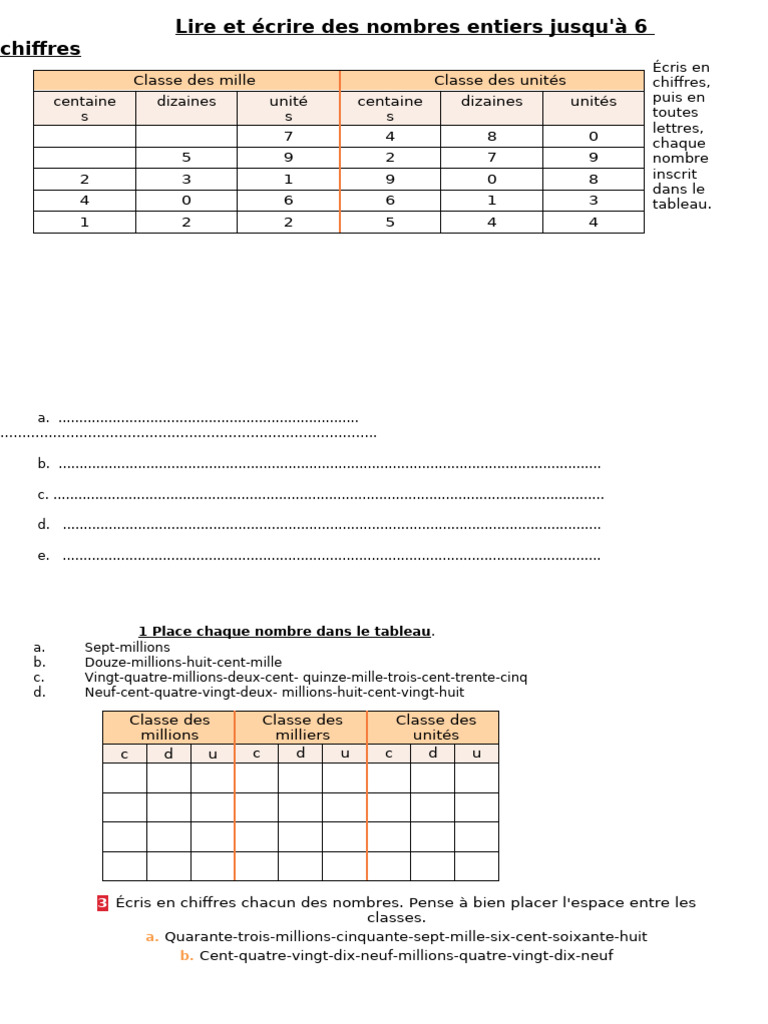 Nombres entiers jusqu'à 6 chiffres : exercices | PDF