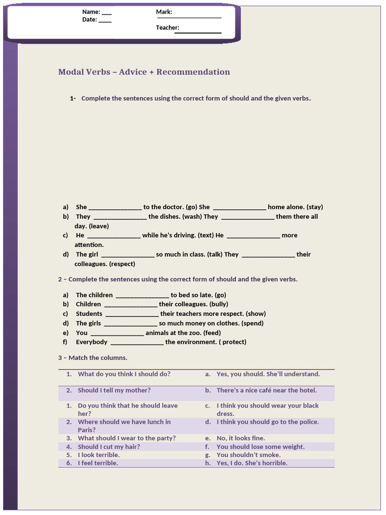 Modal Homework 7 should modal-verbs-advice + key | PDF