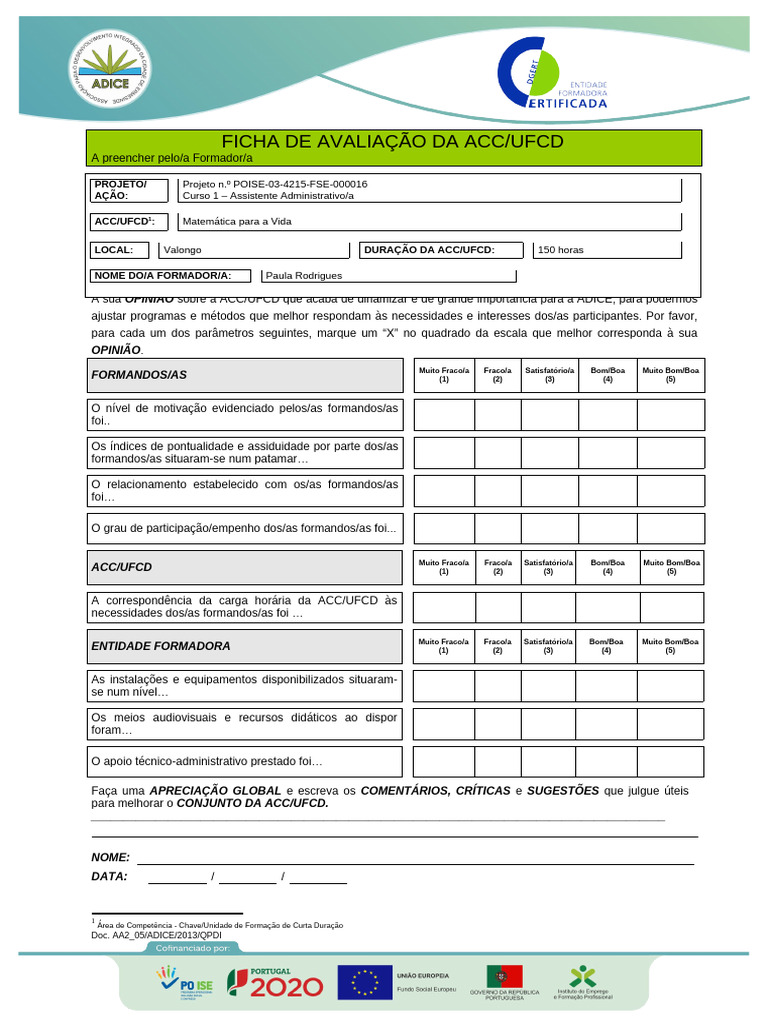 Doc. AA2 05 Ficha Avaliação UFCD Formador A QPDI | PDF