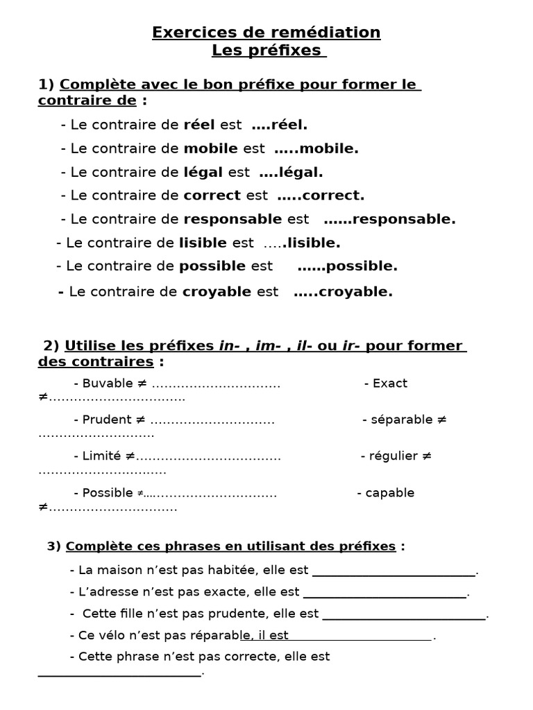 Exercices de préfixes et contraires | PDF