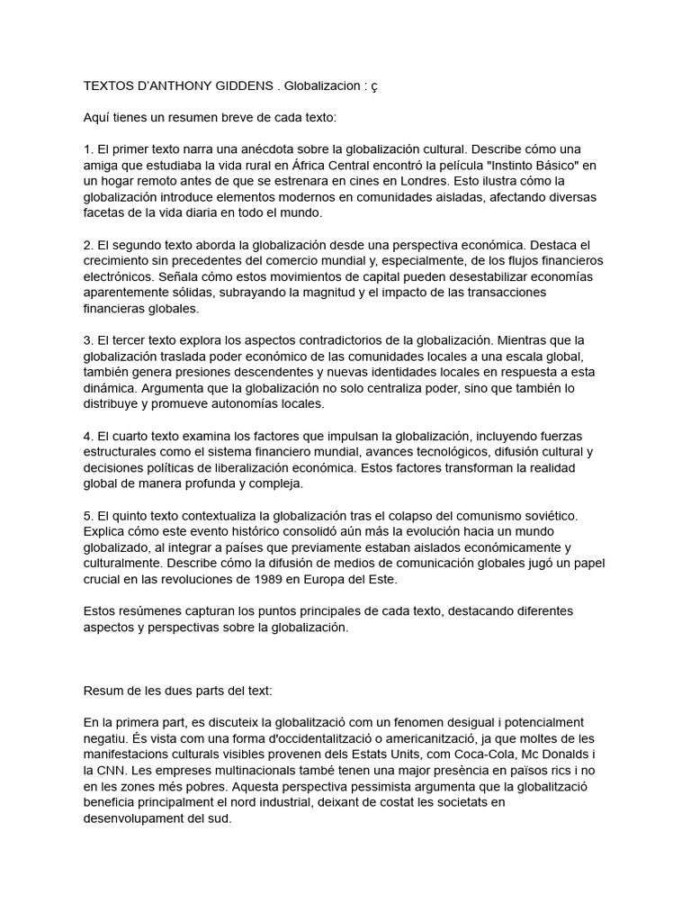 TEXTOS D'ANTHONY GIDDENS - Globalizacion | PDF | Globalización | Economias
