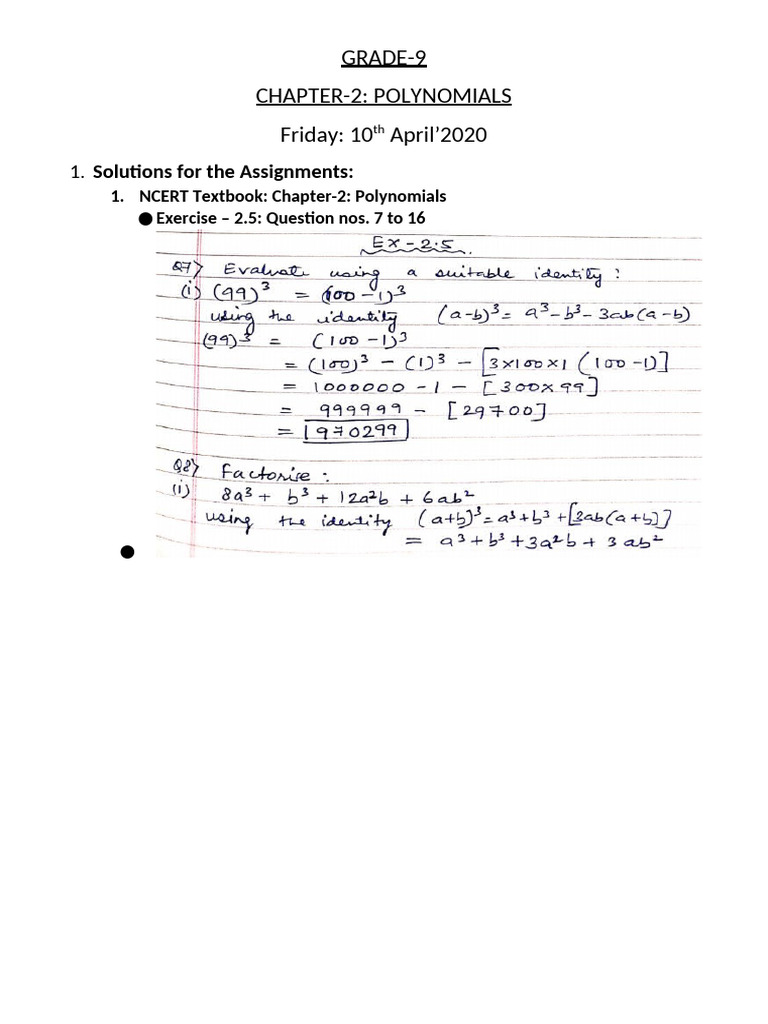 Grade-9 Math Ch-2 Polynomials-Solutions-10th April - 2020 | PDF