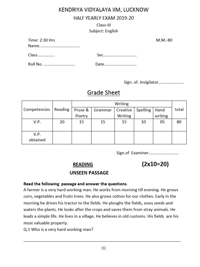 KV Class 3 Half Yearly Previous Year Question Paper 2020 ENGLISH | PDF ...