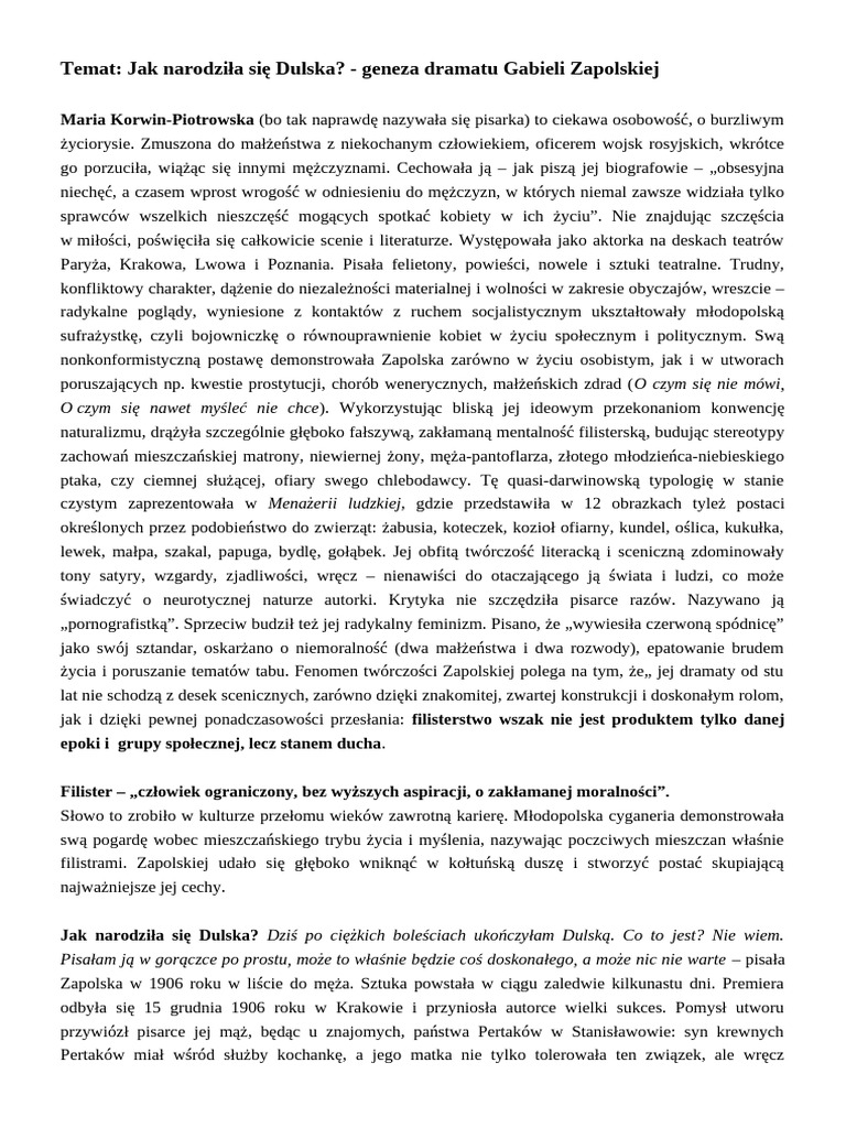 Moralność Pani Dulskiej - Geneza | PDF