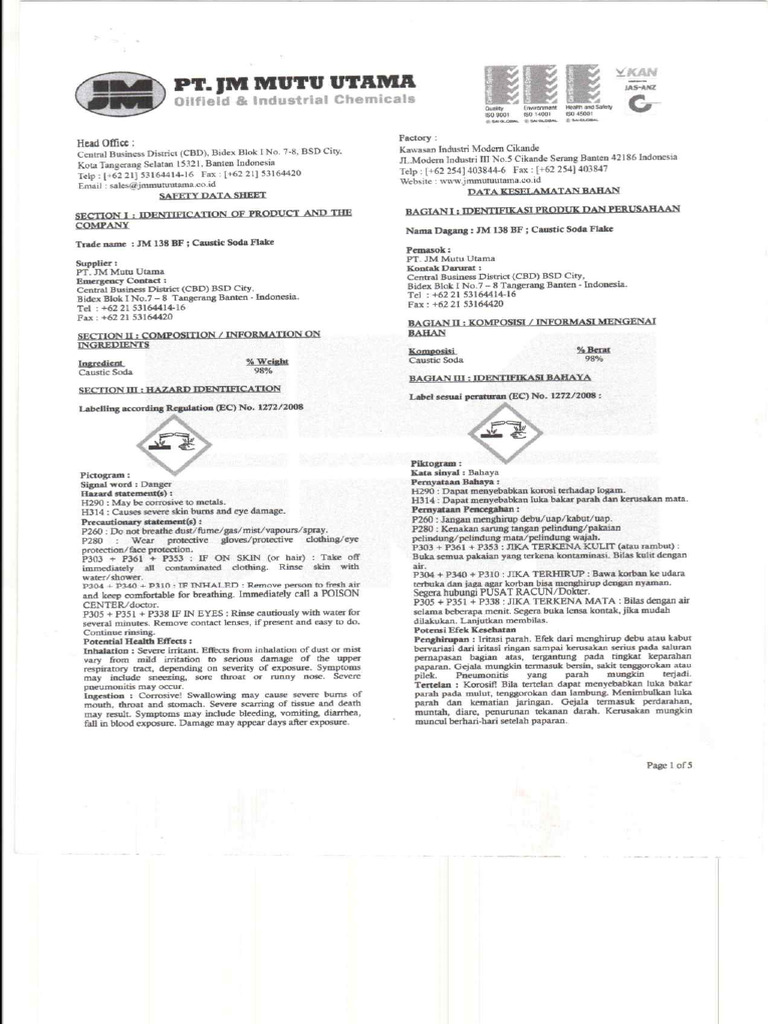 SDS Caustic Soda Jaya Mutu | PDF