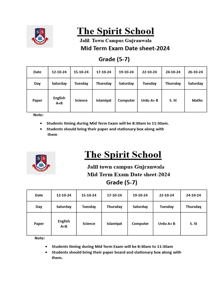 Mid Term Exam Dates 2024: Grades 5-7 | PDF