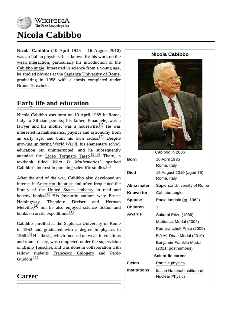 Nicola_Cabibbo | PDF | Particle Physics | Physics