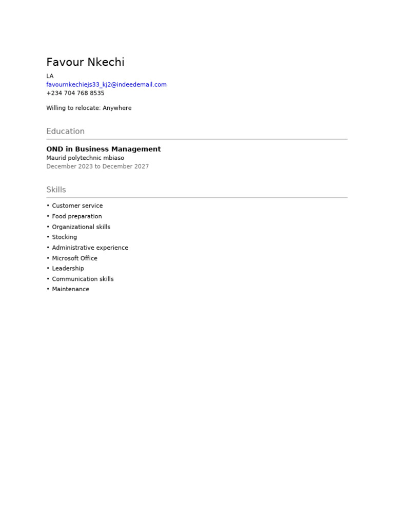 Resume of Favour Nkechi: Skills & Education | PDF