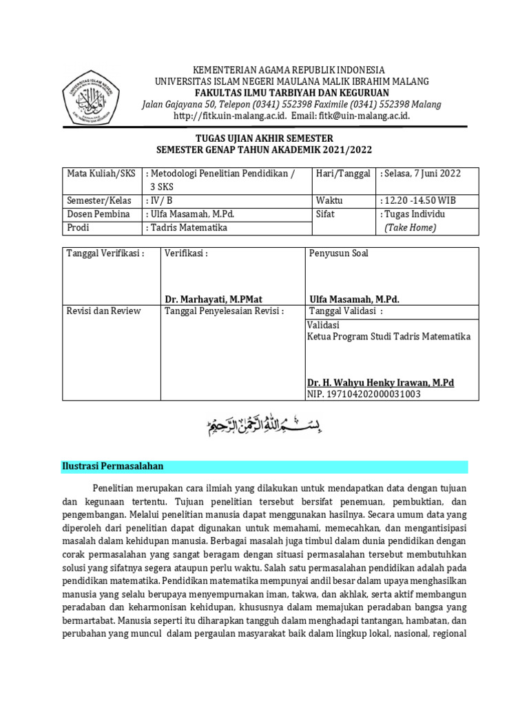 UAS - Metodologi Penelitian Pend - Bu Ulfa Masamah | PDF