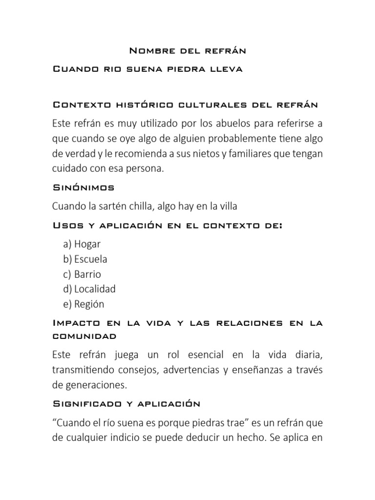 Significado del Refrán "Cuando Río Suena" | PDF