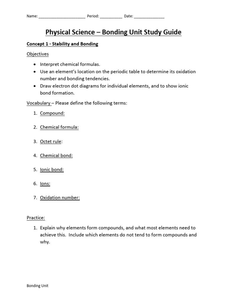 Bonding Unit Study Guide | PDF | Chemical Compounds | Ion