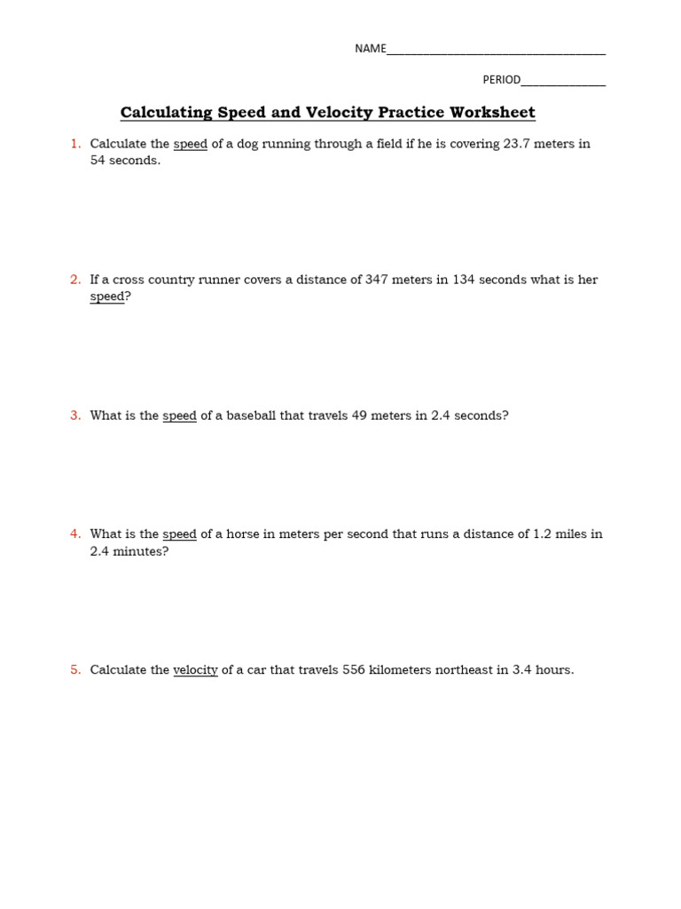 Speed and Velocity Practice Worksheet | PDF