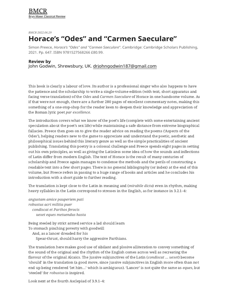 Horace's "Odes" and "Carmen Saeculare" - Bryn Mawr Classical Review CR Simon Prteece CUP | PDF ...