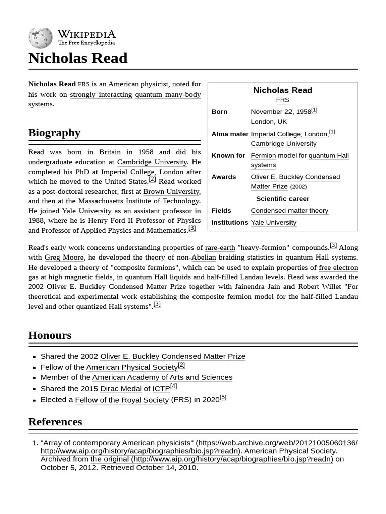 Nicholas_Read | PDF | Condensed Matter Physics | Physics