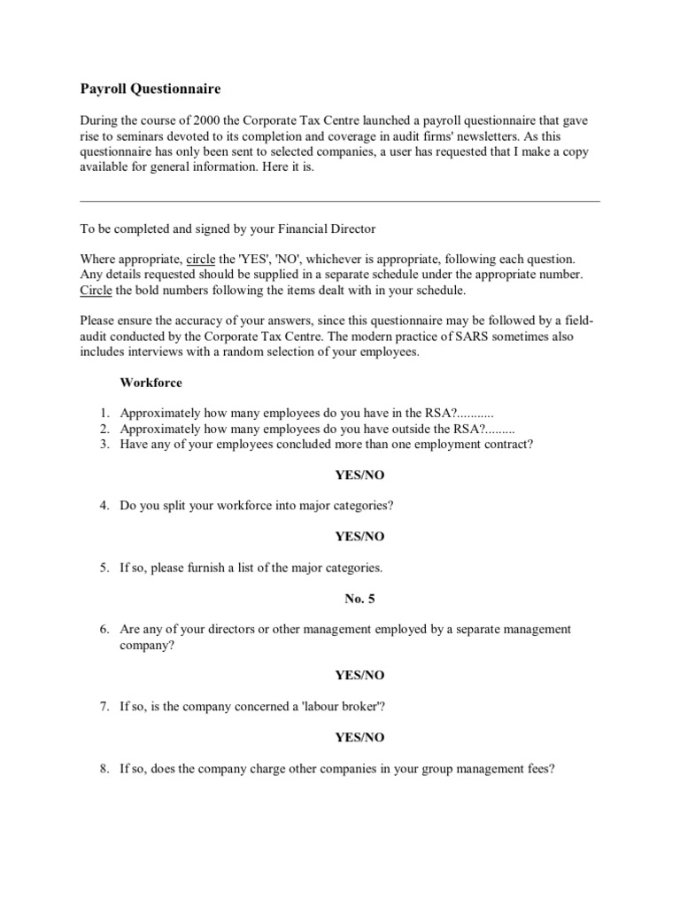 Payroll Questionnaire | PDF | Payroll | Employee Benefits