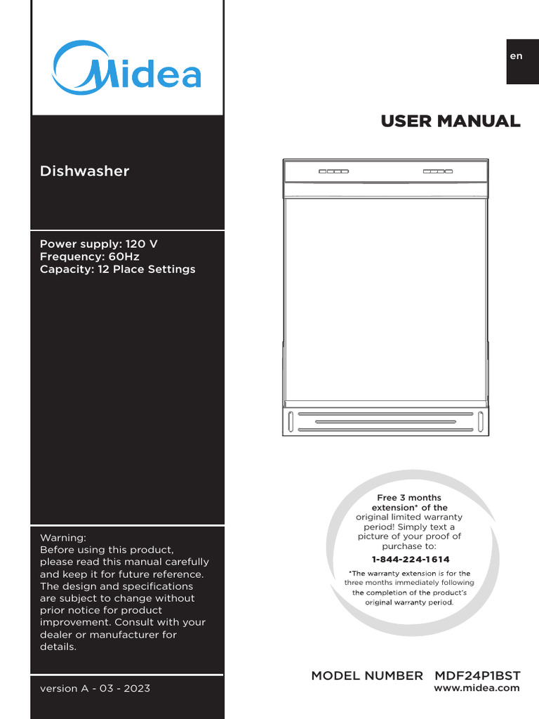 Midea Dishwasher User Manual 2023 | PDF | Dishwasher | Cookware And ...