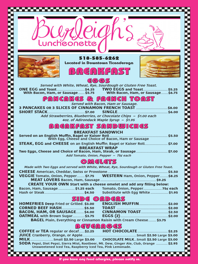 Ticonderoga Breakfast & Lunch Menu | PDF | Hamburgers | Salad